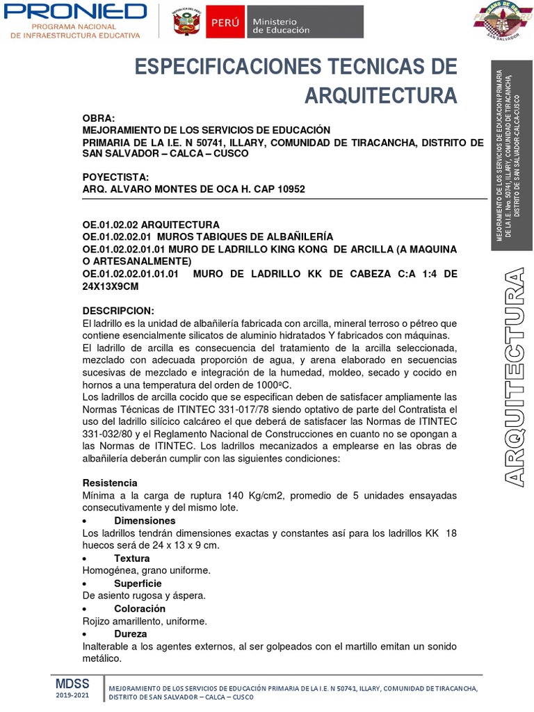 Especificaciones Tecnicas Arquitectura Ok | PDF | Hormigón | Ladrillo