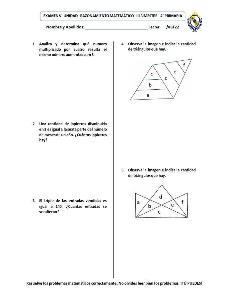 Examen Raz Mat 4 Prim | PDF