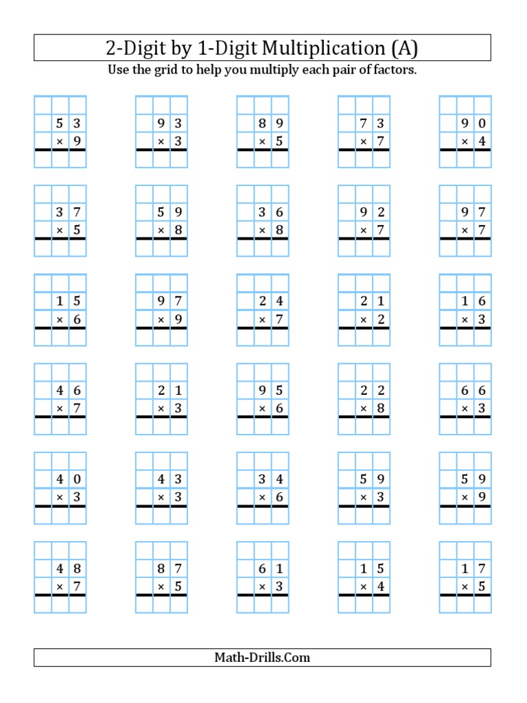 2-Digit by 1-Digit Multiplication Grid | PDF