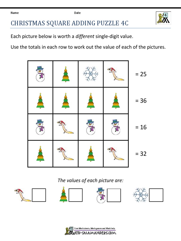 Christmas Square Adding Puzzle 4c | PDF | Teaching Methods & Materials