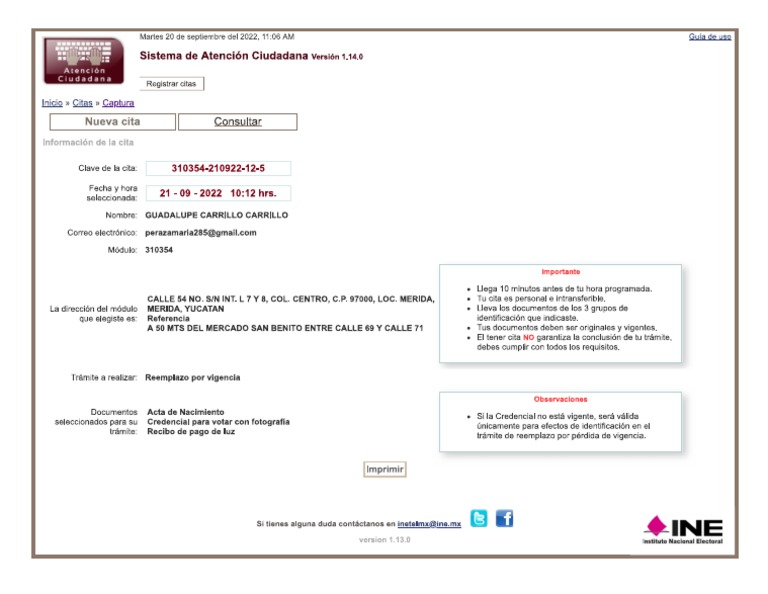 Acuse Cita Ine | PDF