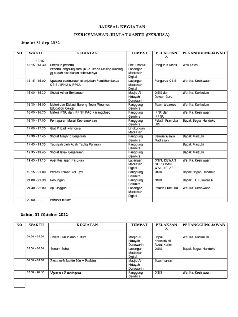 Jadwal Kegiatan Perjusa New | PDF