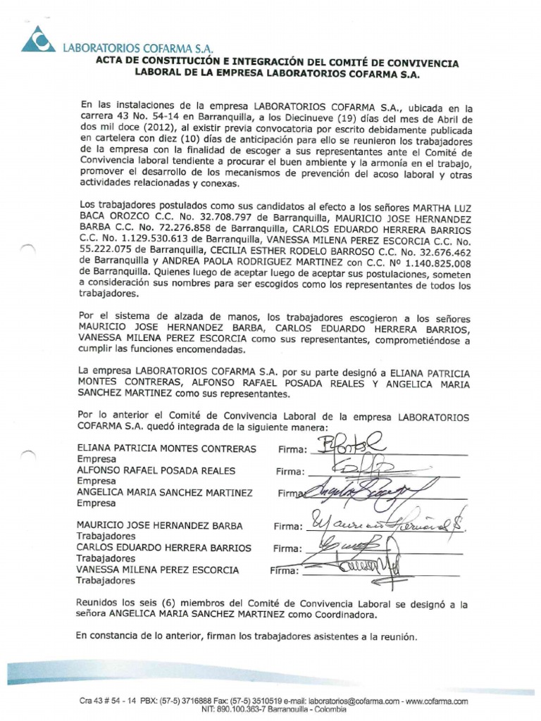 Acta de Constitucion Comite de Convivencia Laboral | PDF