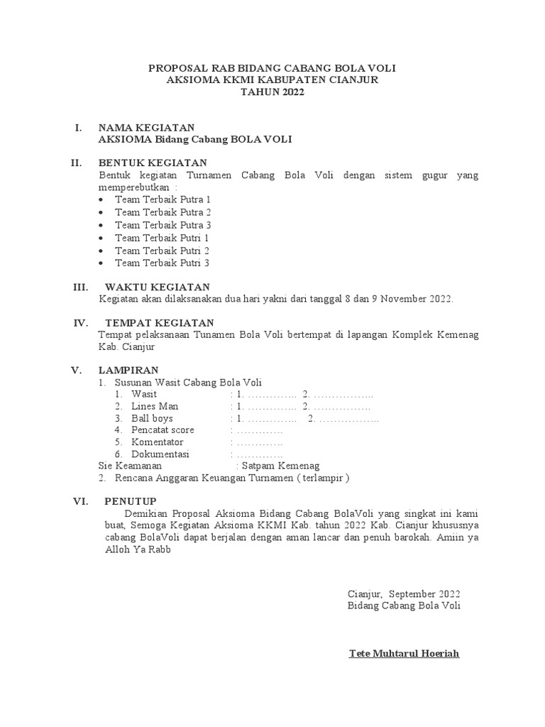 Proposal Rab Bidang Bola Voli Aksioma Tahun2022 | PDF