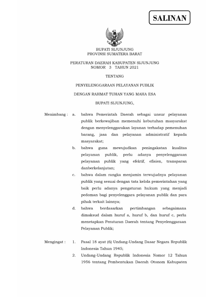 Perda No. 3 Tahun 2021 TTNG Penyelenggaraan Pelayanan Publik | PDF
