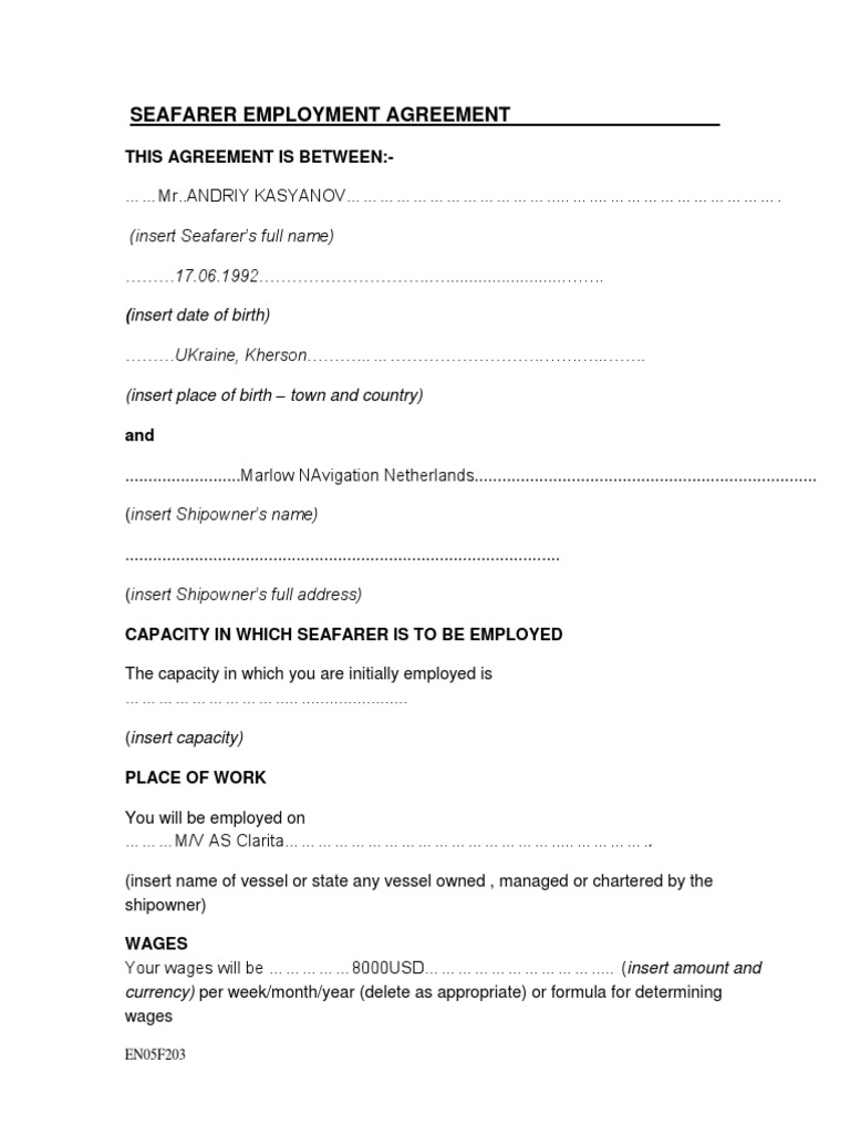 Model Format For Seafarer Employment Agreement | PDF | Sick Leave ...
