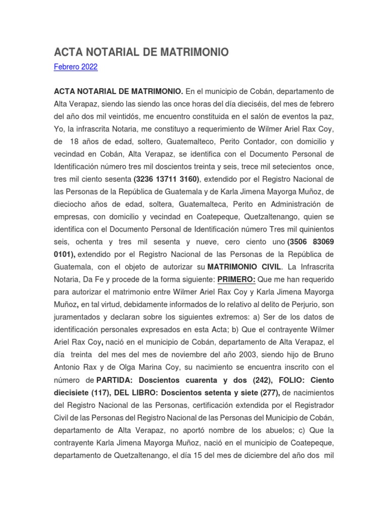 ACTA NOTARIAL DE MATRIMONIO Original | PDF | Matrimonio | Guatemala