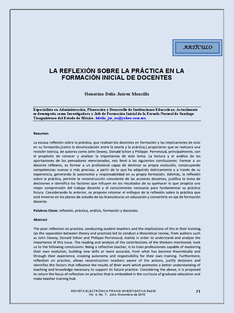 La Reflexión Sobre La Práctica en La Formación Inicial de Docentes ...
