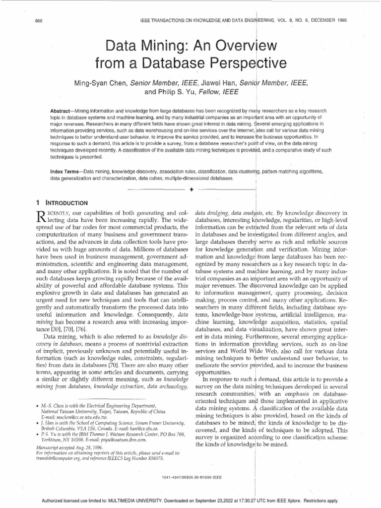 Data Mining An Overview From A Database Perspective Pdf Data Mining Databases