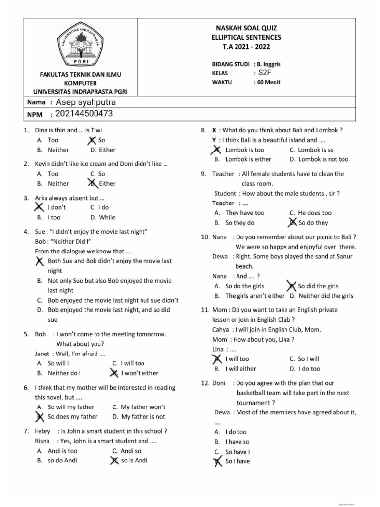 Quiz Elliptical Sentences | PDF