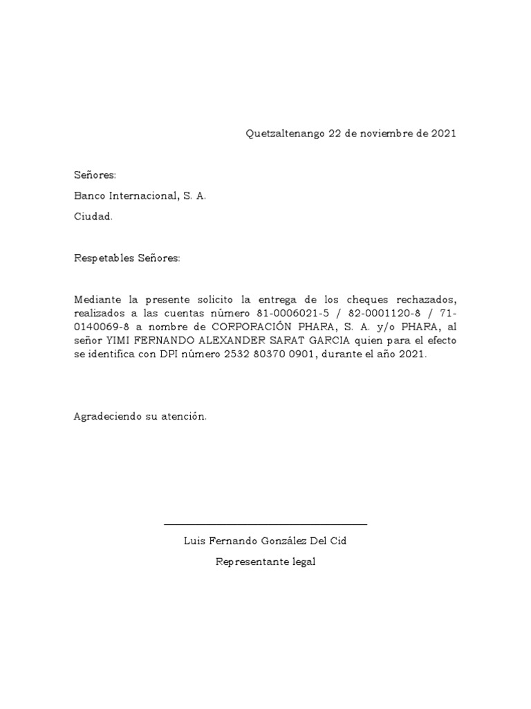 Carta Interbanco Cheque Rechazados | PDF