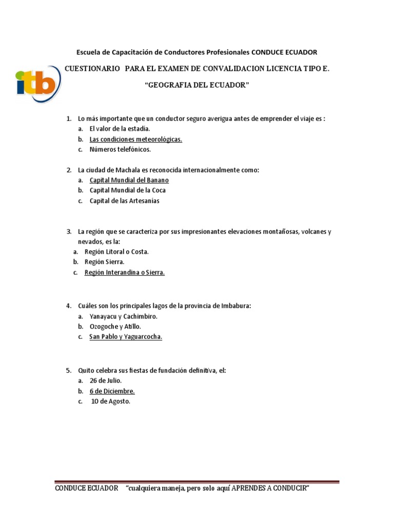 Cuestionario sobre la geografía del Ecuador para la convalidación de la licencia de conducir ...