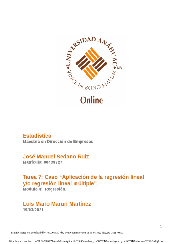 Tarea 7 Caso Aplicaci N de La Regresi N Lineal y o Regresi N Lineal M Ltiple | PDF | Coeficiente ...