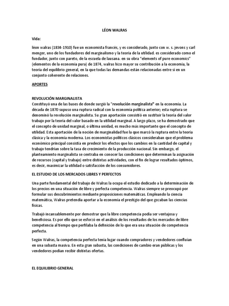 LÉon Walras Exposicion Grupo 1 Pdf Teoría Del Equilibrio General Mercado Economía