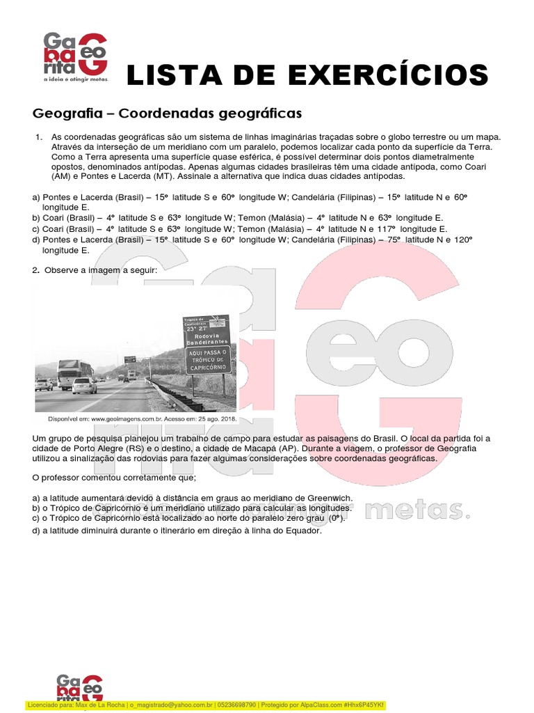 Listas De Exercícios Coordenadas Geográficas Iv Pdf Longitude
