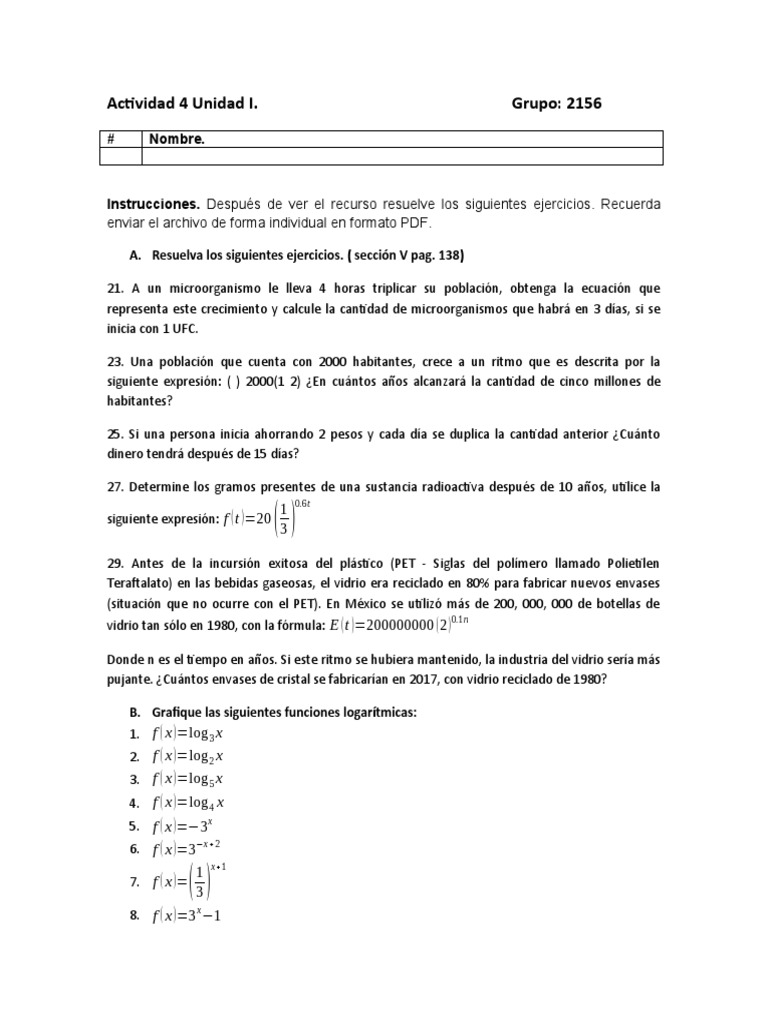 Actividad 4 Unidad I | PDF | Logaritmo