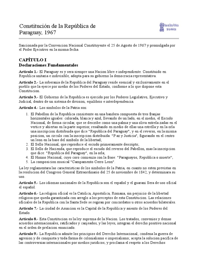 Constitución Nacional Del Paraguay de 1967 | PDF | Estado (política ...