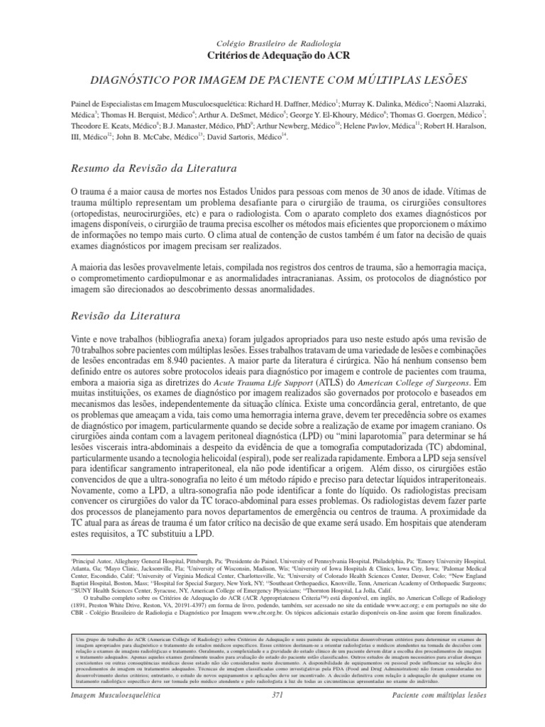 Diagnóstico Por Imagem de Paciente Com Múltiplas Lesões: Critérios de ...