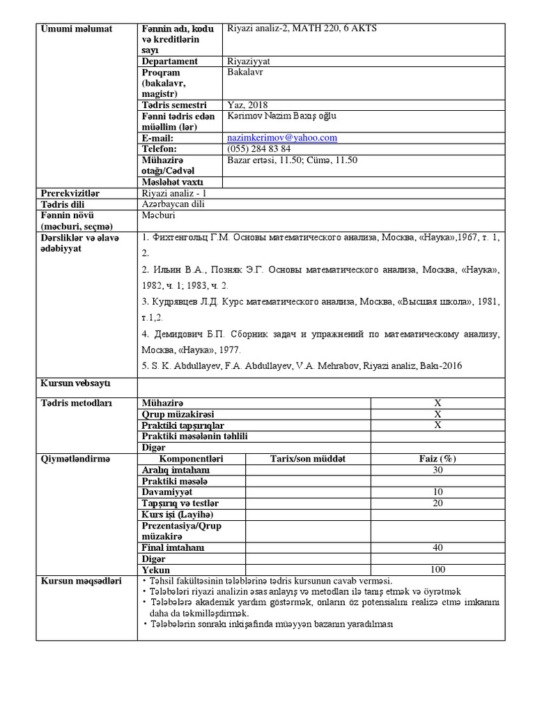 Riyazi Analiz-2 Nazim Karimov | PDF