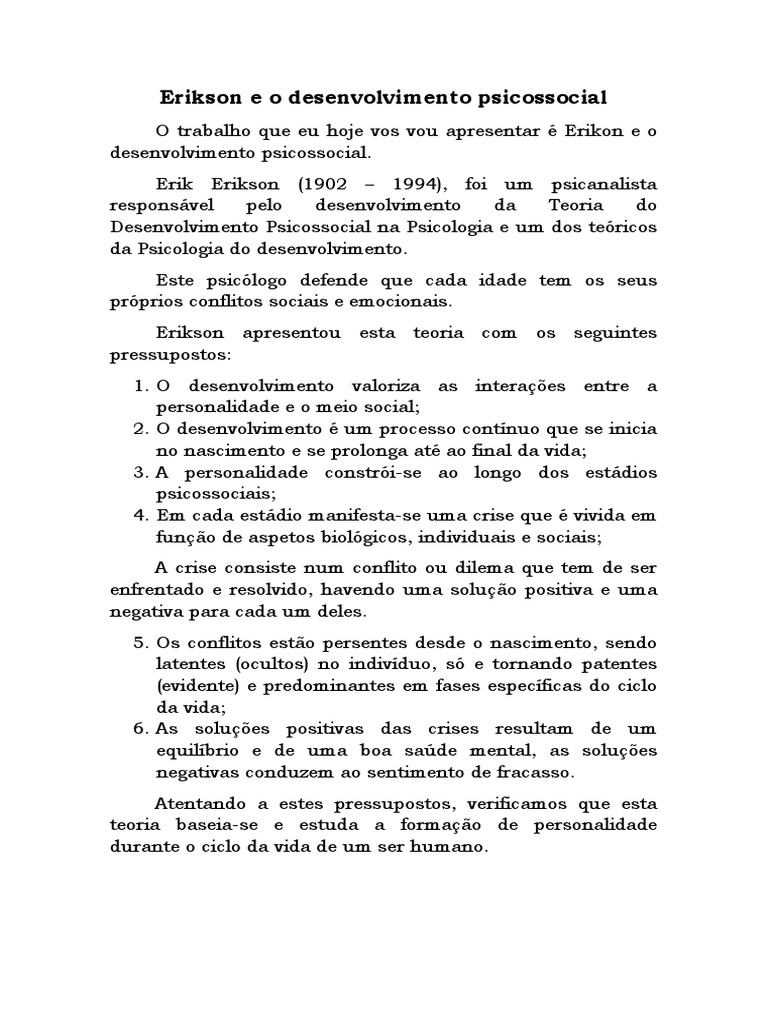 Erikson e o Desenvolvimento Psicossocial | PDF | Psicologia | Psicologia Social
