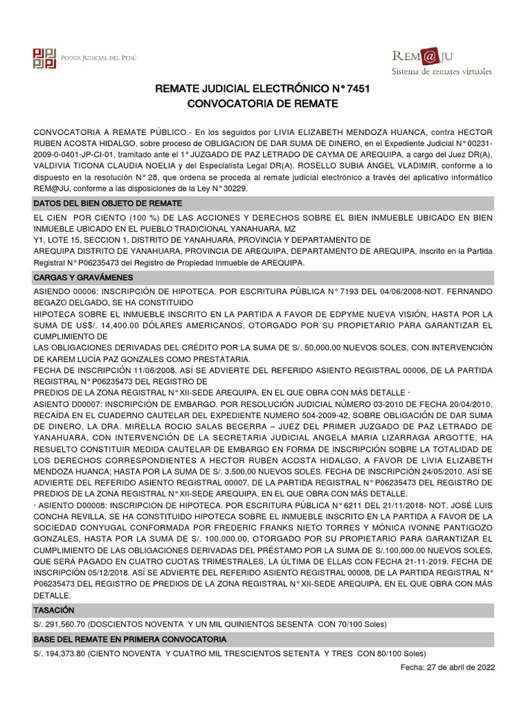 Aviso de Remate 7451 | PDF | Derecho Civil (Common Law) | Justicia