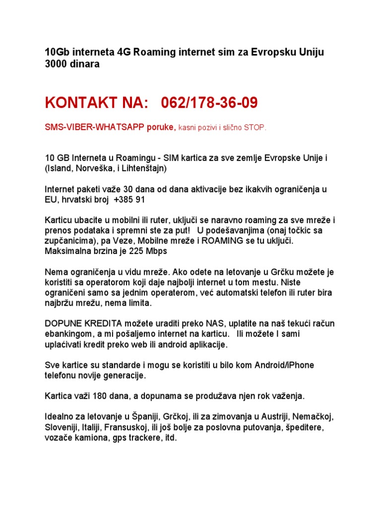 10Gb Interneta 4G Roaming Internet Sim Za Evropsku Uniju | PDF