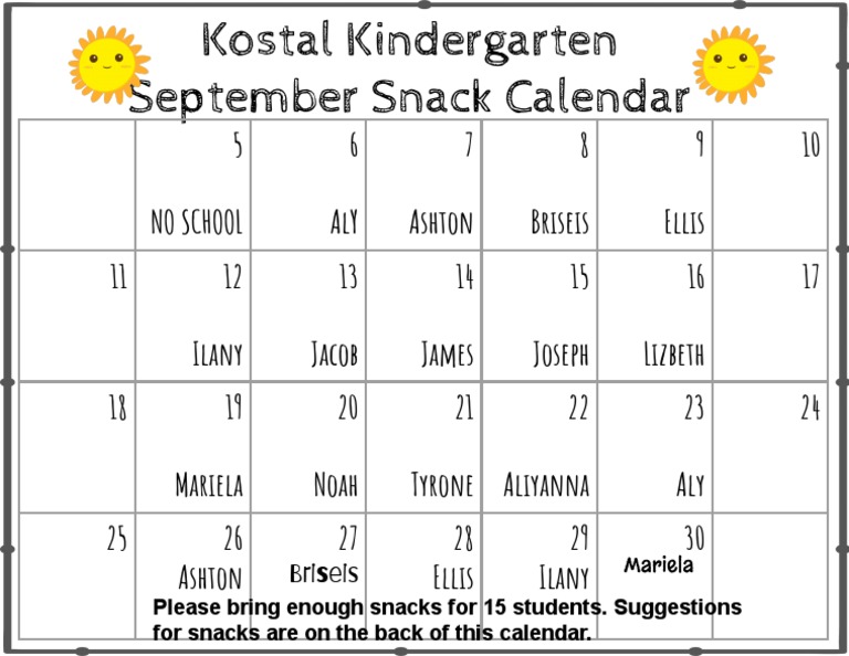 September Snack Calendar | PDF