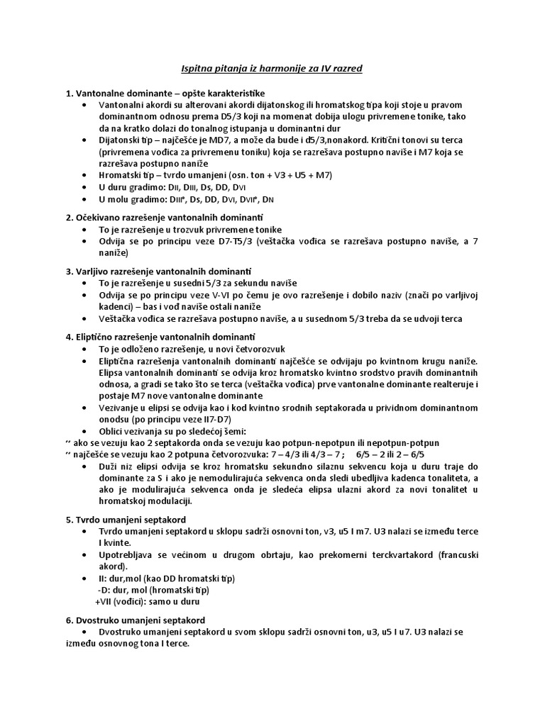 Ispitna Pitanja Iz Harmonije Za IV Razred | PDF