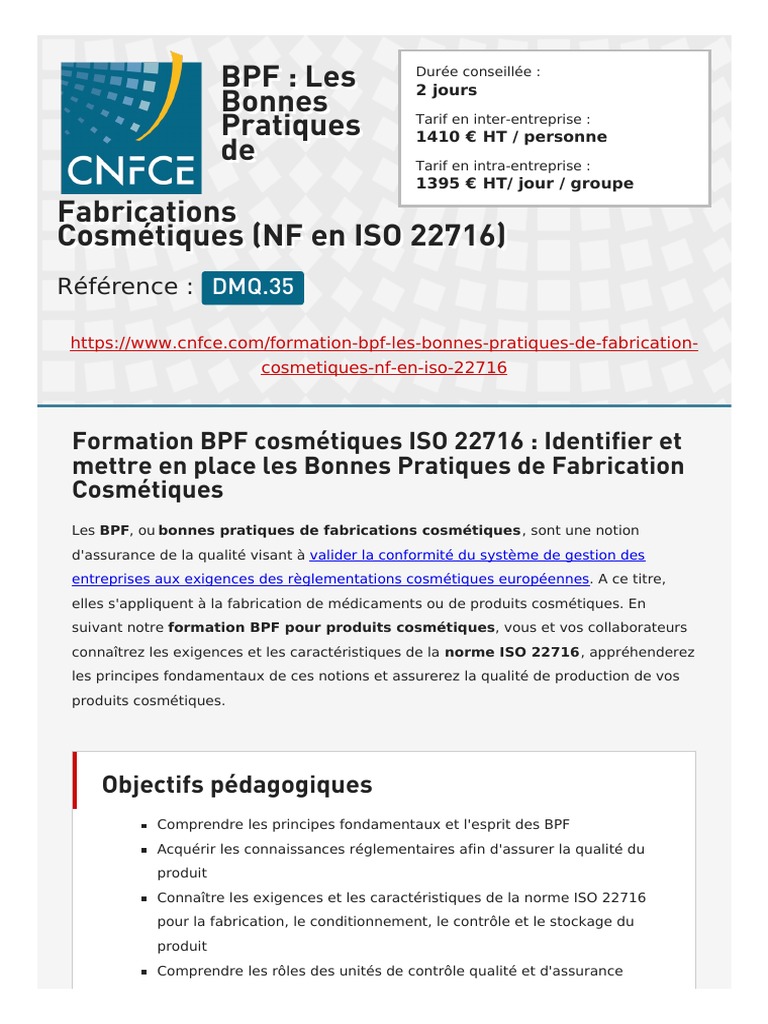 Formation BPF Cosmétiques ISO 22716 | PDF | Business