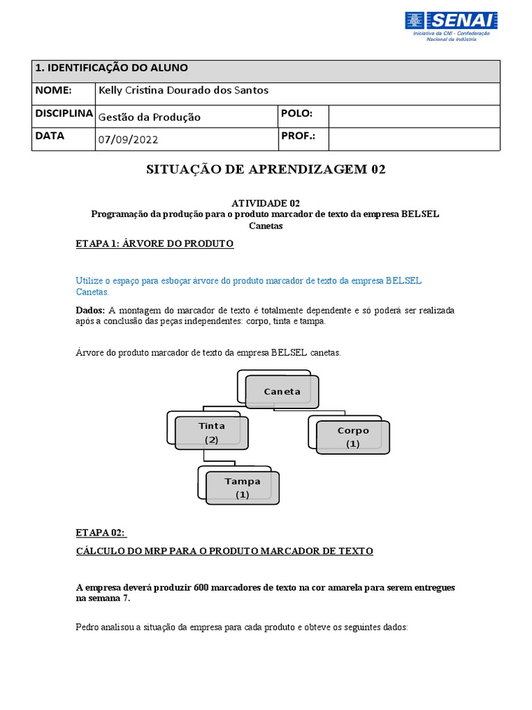 SA2 - ATV2 - Árvore Do Produto - Kelly Cristina Dourado Dos Santos | PDF | Caneta