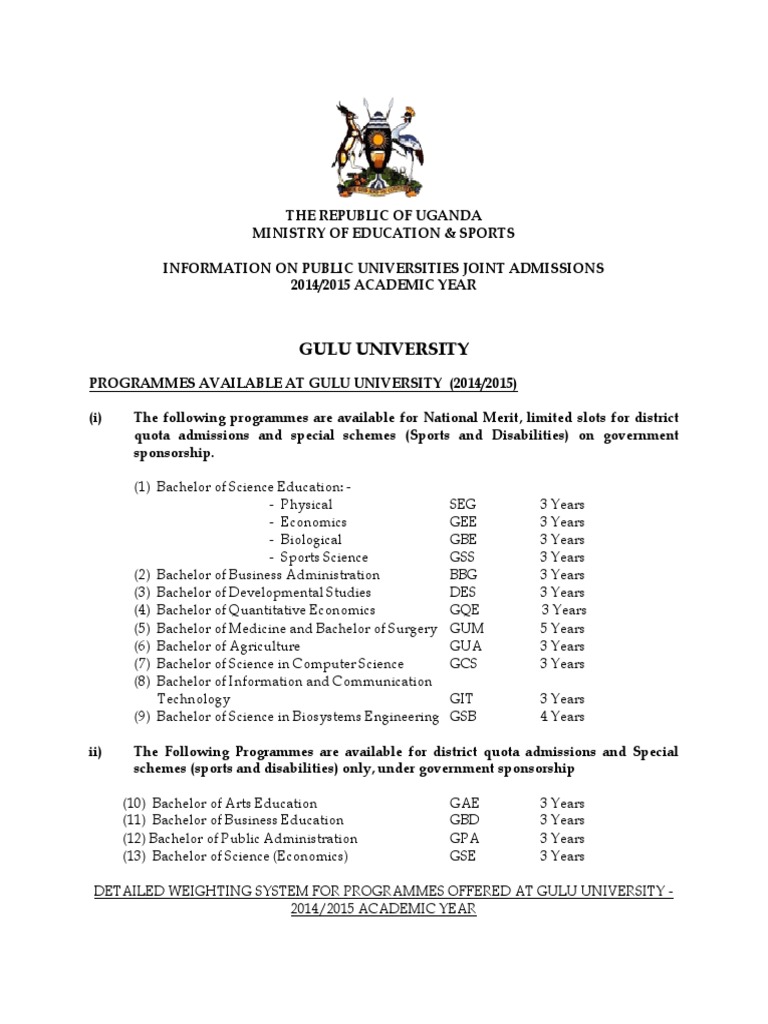 Programmes Offered at Gulu University and The Combined Weight of A Candidate For Admission ...