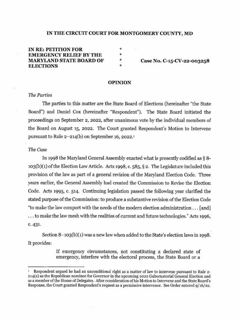 Petition For Emergency Relief by The Maryland State Board of Elections ...