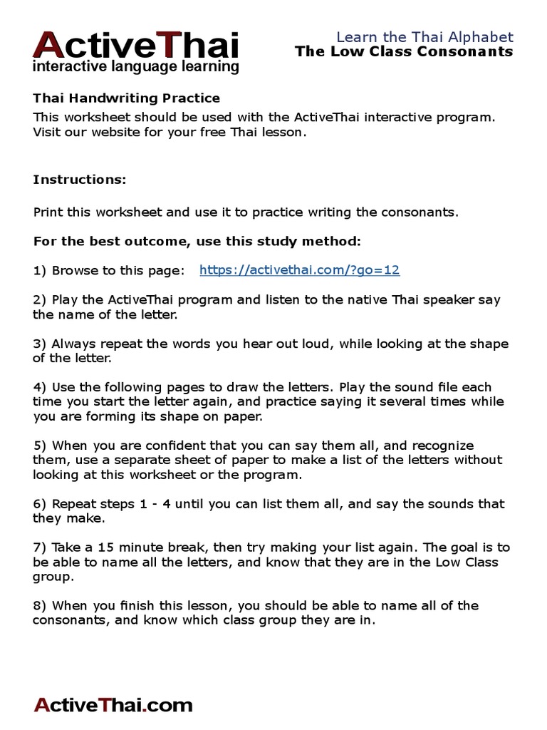 Active Thai Worksheet Low Class Consonants | PDF | Graphemes ...