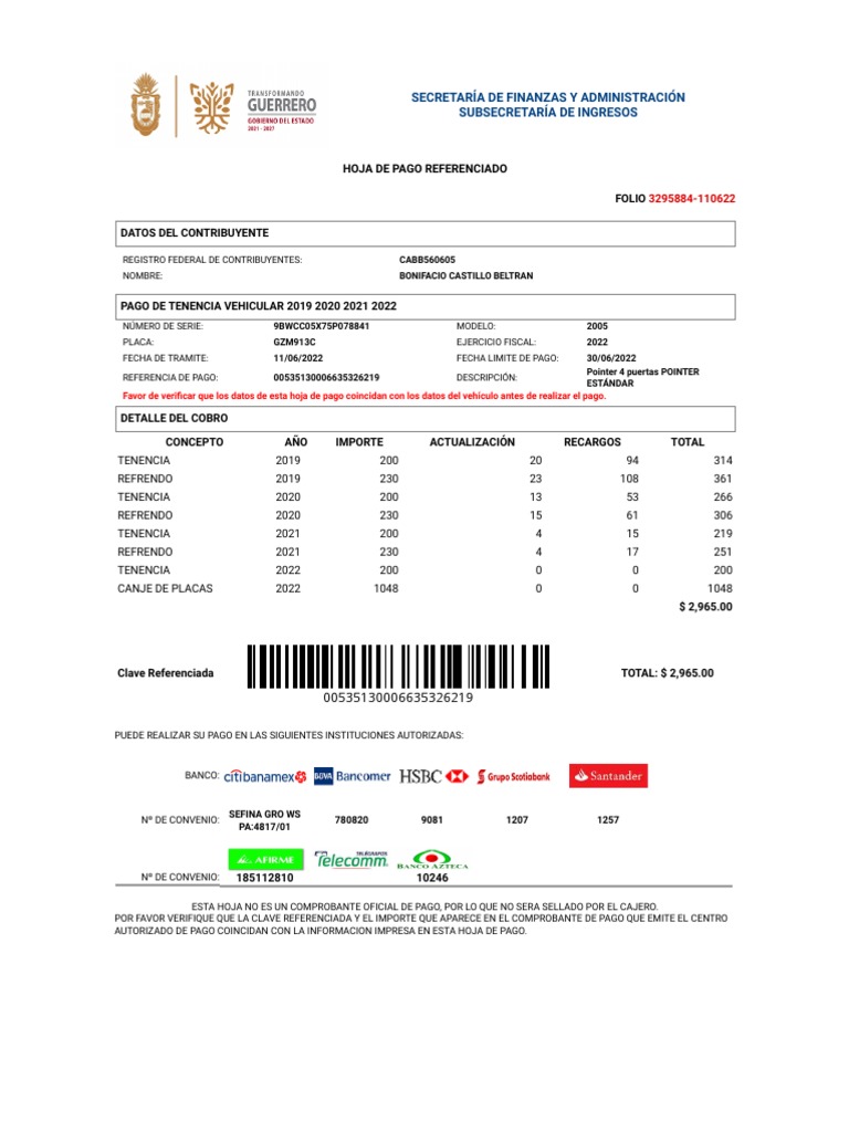 Impresión de Hoja de Pago Referenciado | PDF