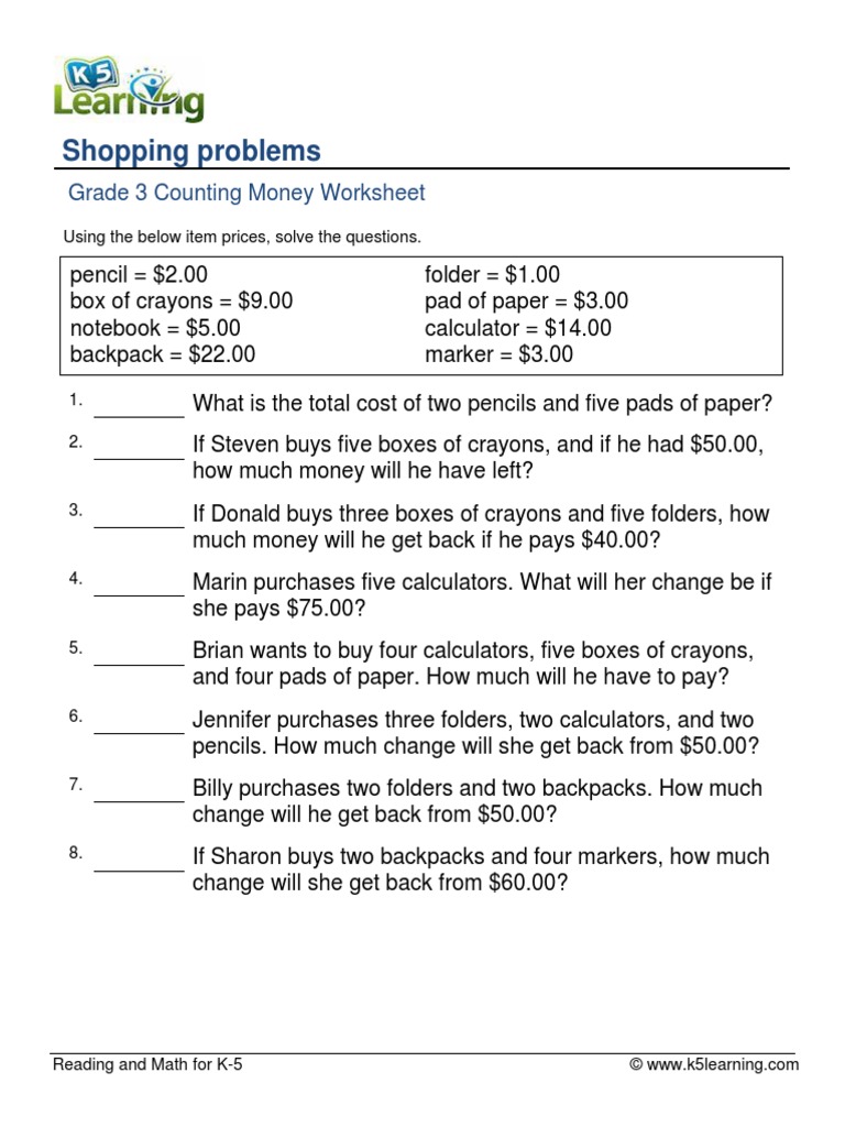 Grade 3 Counting Money Shopping Problems No Decimals C | PDF | Home & Garden | Art
