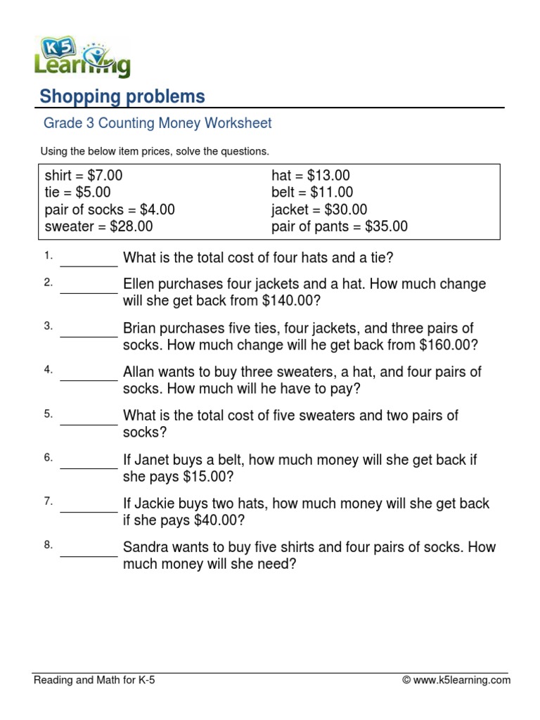 Grade 3 Counting Money Shopping Problems No Decimals B | PDF | Clothing