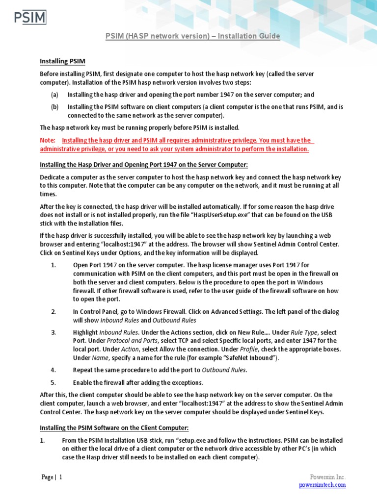 PSIM Installation Guide (Hasp Network) | PDF | Installation (Computer Programs) | Port (Computer ...