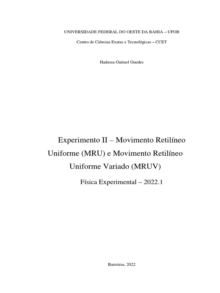 Relatório 2 - Física Experimental I - MRU e MRUV | PDF | Velocidade | Física