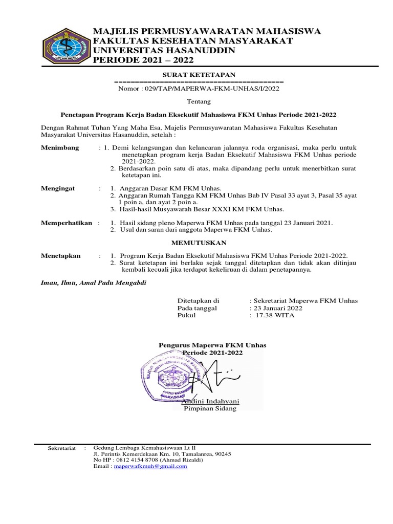 SK 029 - Penetapan Program Kerja BEM FKM Unhas Periode 2021-2022 | PDF