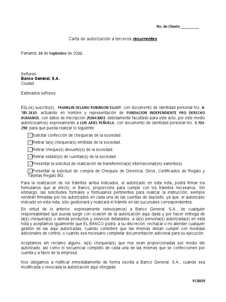 Carta Autorización Rtiro de Chequera | PDF | Cheque