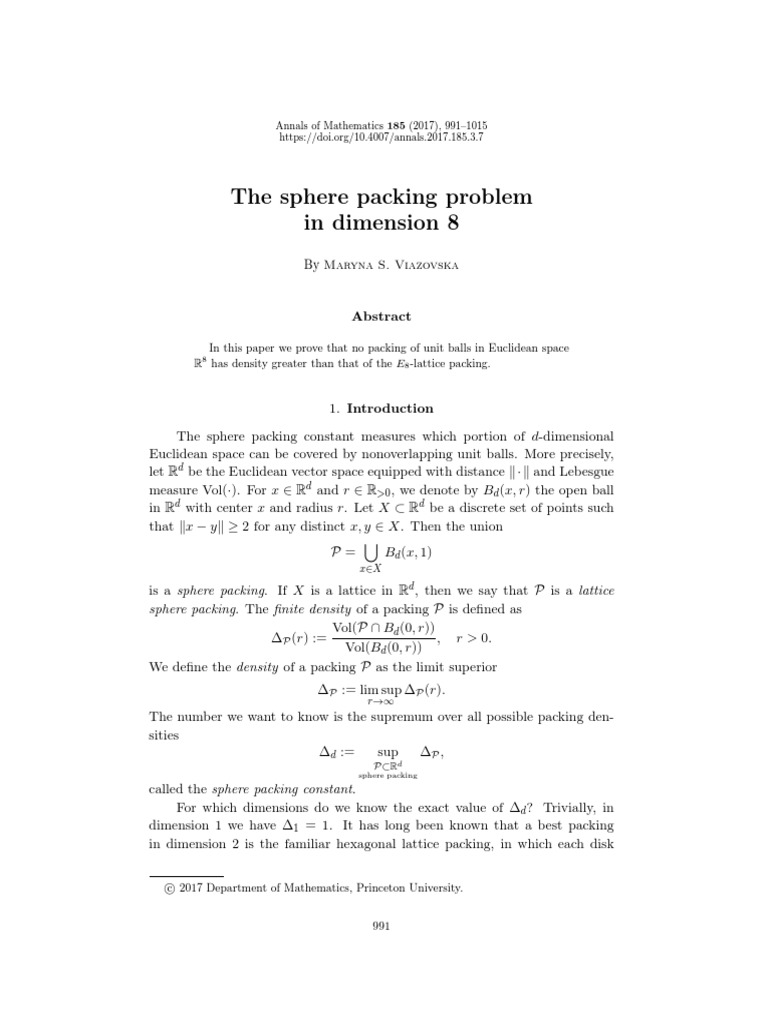 The Sphere Packing Problem in 8 Dimension - Viazovska | PDF ...