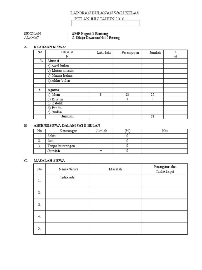 LAPORAN BULANAN WALI KELAS 9C Juli | PDF