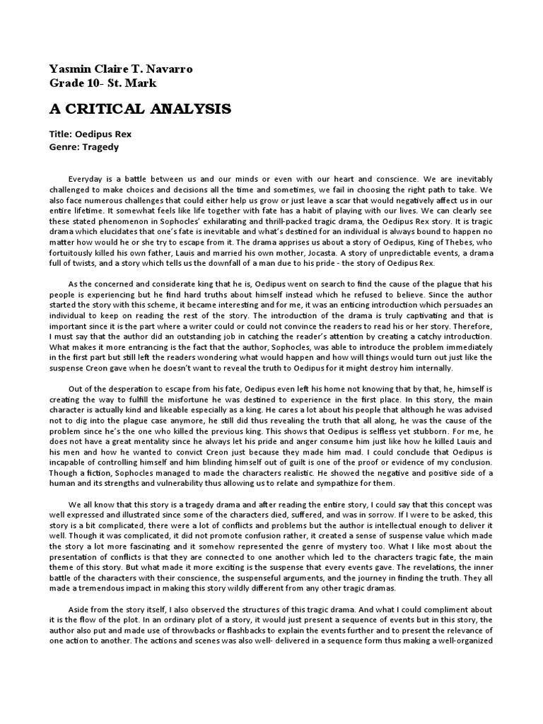 A Critical Analysis of Oedipus Rex by Yasmin Claire T. Navarro | PDF ...