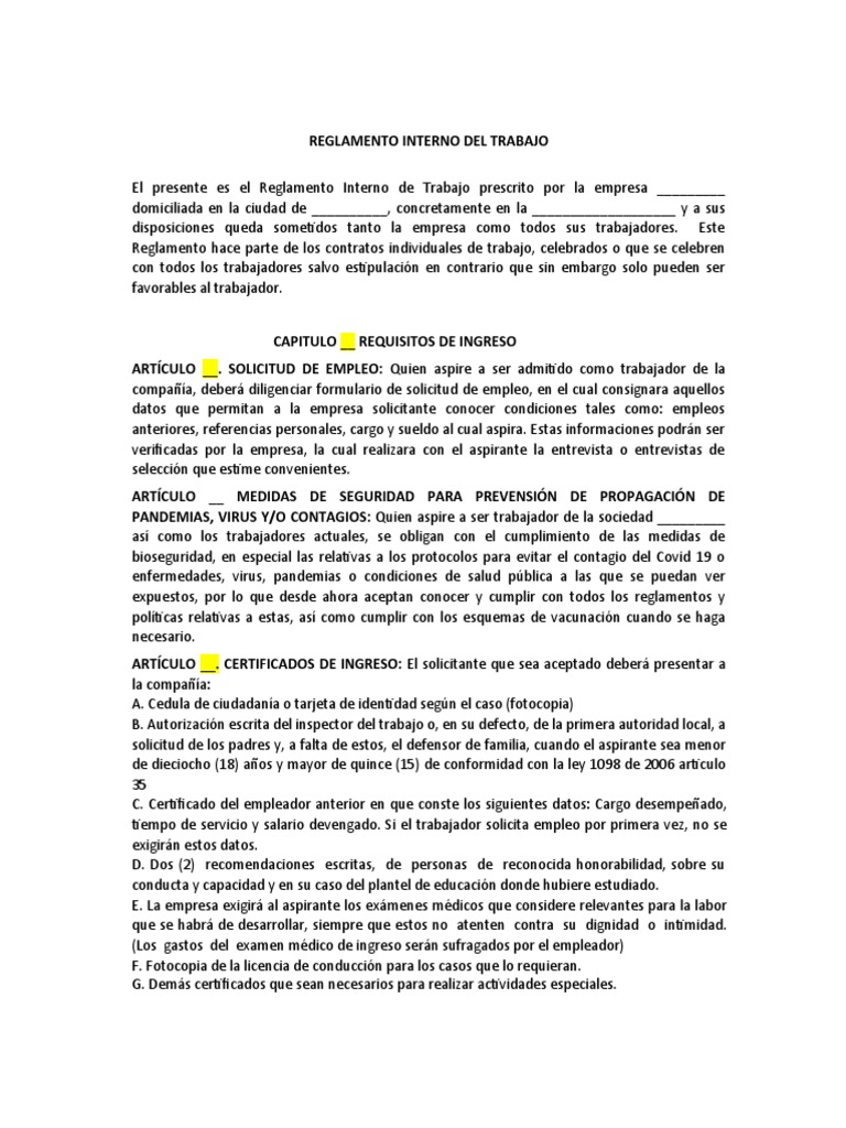 Modelo Reglamento Interno Del Trabajo Actualizado Abril de 2022 | PDF | Salario | Tiempo de trabajo