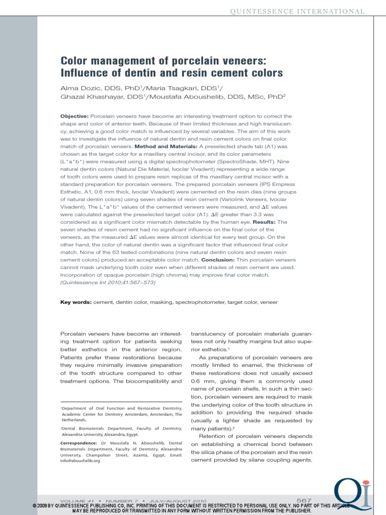 Color Management of Porcelain Veneers | PDF | Color | Dentistry Branches