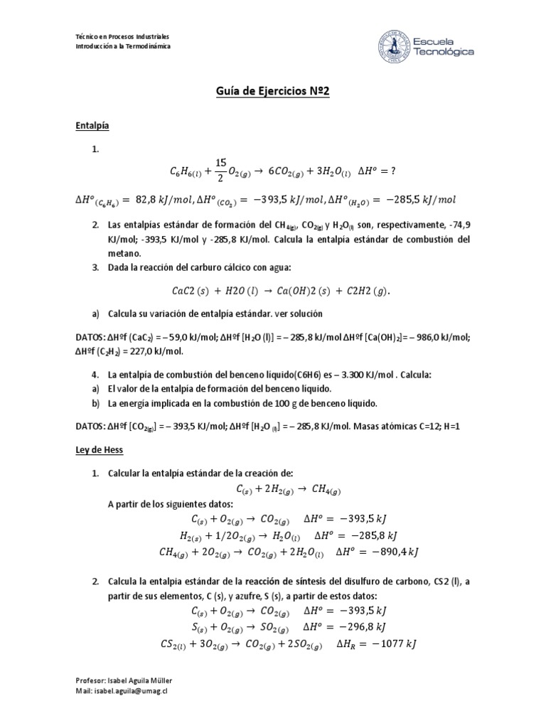 Guía de Ejercicios N°2 Entalpia | PDF | Entalpía | Compuestos químicos
