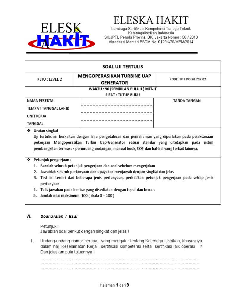 Soal Uji Tulis KTL - PO.20.202.02 Mengoperasikan Turbin - Uap Generator Level 2 - Final-2 | PDF