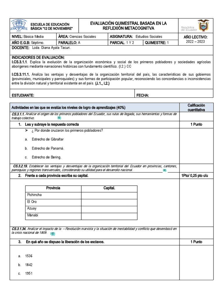 7mo Evaluacion Quimestral Eess | PDF