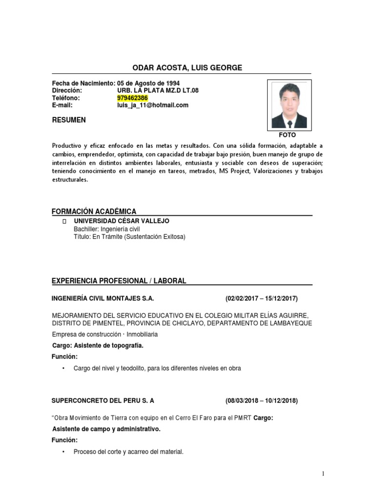 Cv.-Odar Acosta Luis George | PDF | Ingeniería