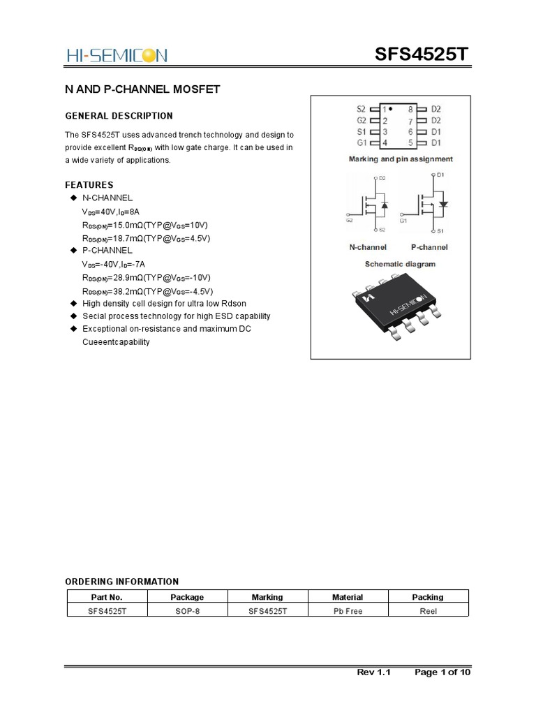 Specification Sheet for N-Channel and P-Channel Trench MOSFET with ...